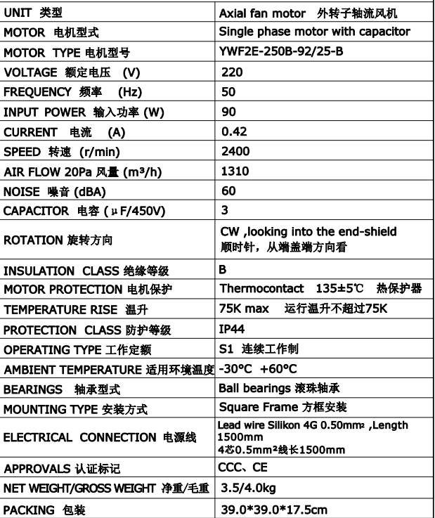 Axial fan motor YWF2E-250B-92/25-B