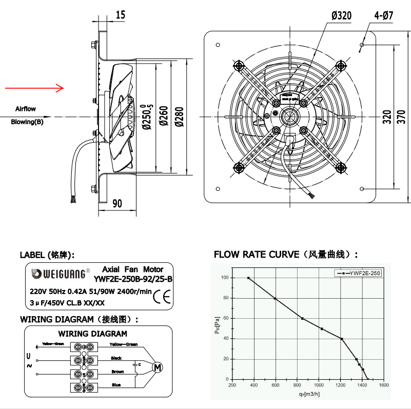 Axial fan motor YWF2E-250B-92/25-B